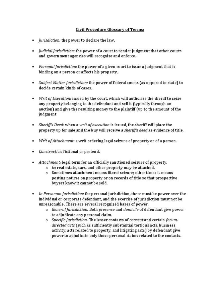 Civil Procedure Terms Explained | PDF | Personal Jurisdiction ...