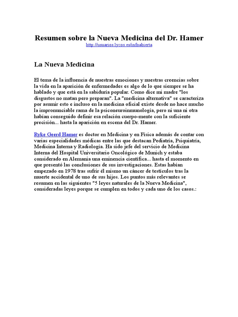 Resumen Sobre La Nueva Medicina Del DR Hamer | PDF | Metástasis | Cáncer
