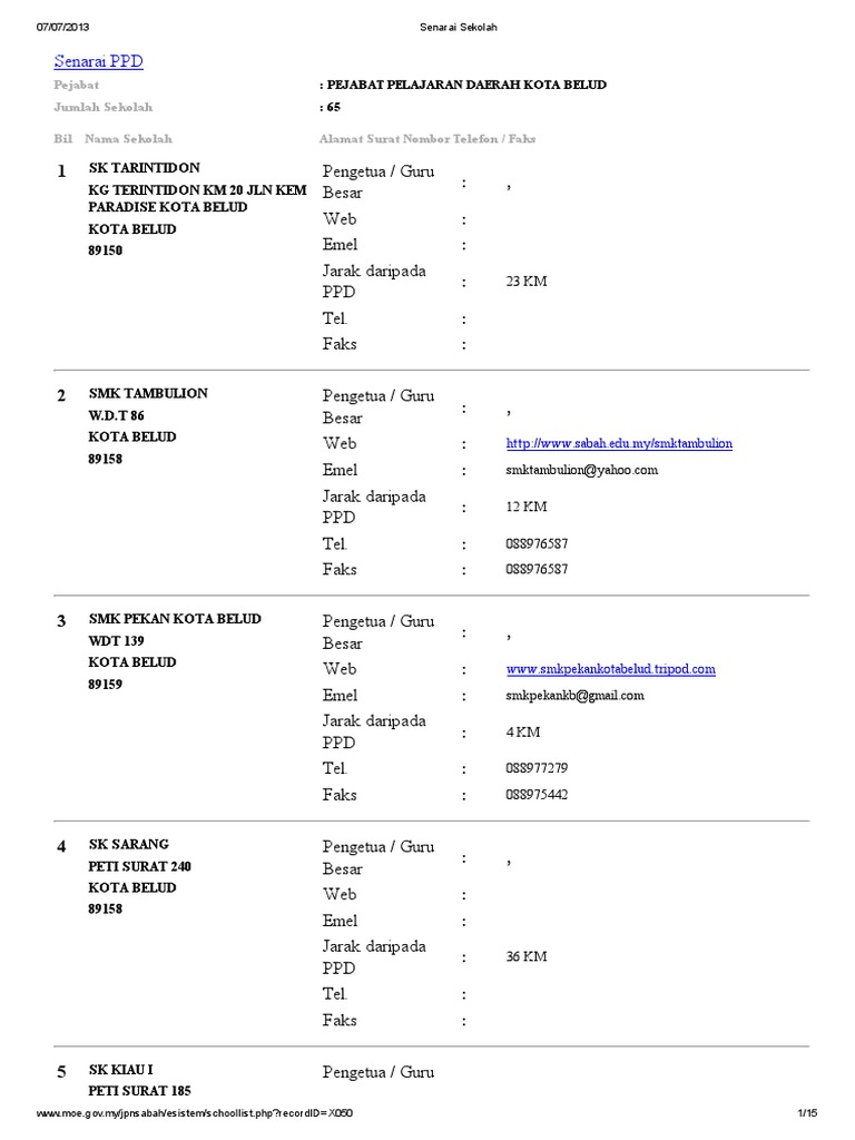 Senarai Sekolah - Jarak DR PPD KB | PDF