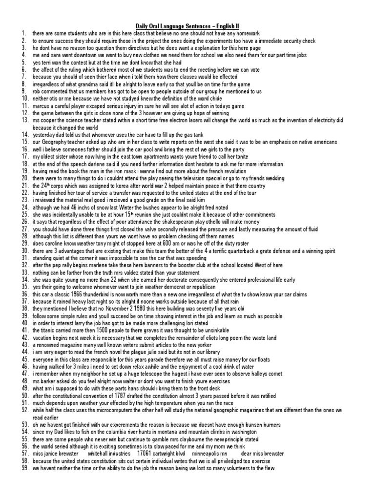 Daily Oral Language Sentences English II PDF