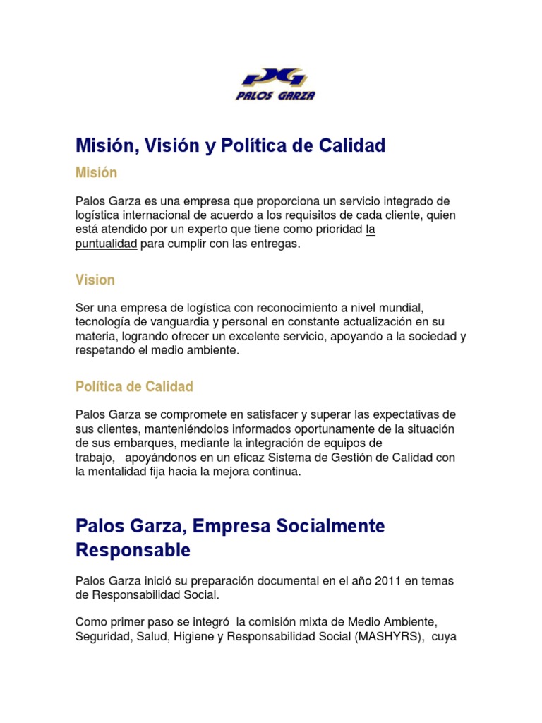 Misión, visión, política de calidad y compromiso con la responsabilidad ...
