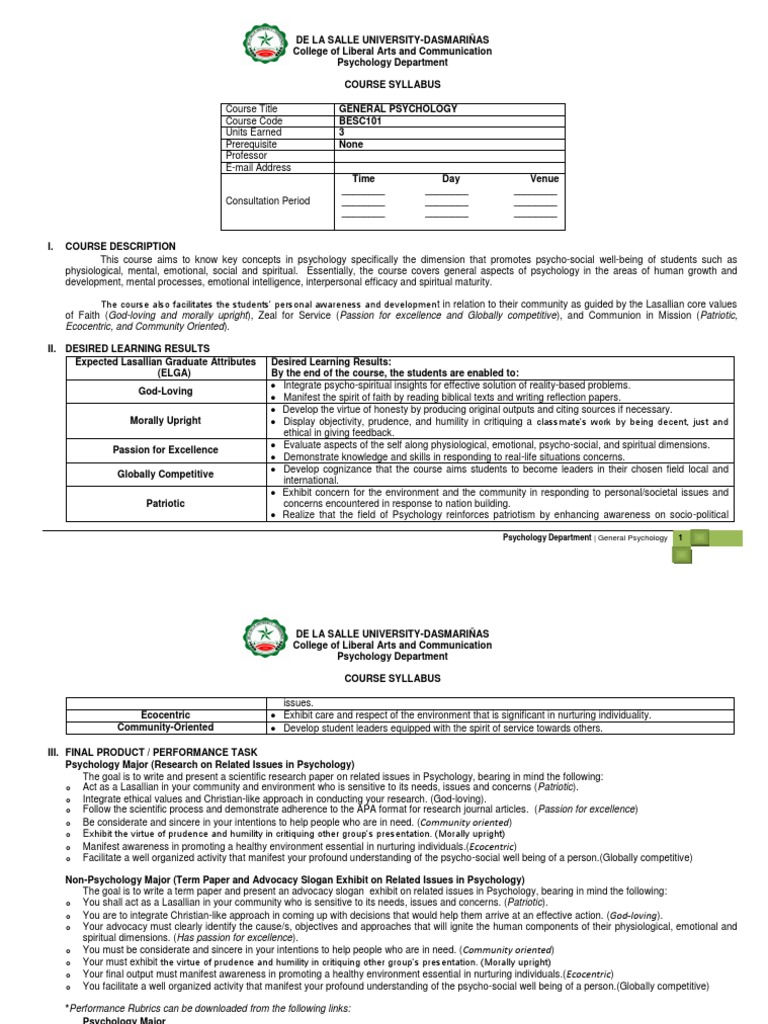 GenPsych Syllabus | PDF | Psychology | Motivation