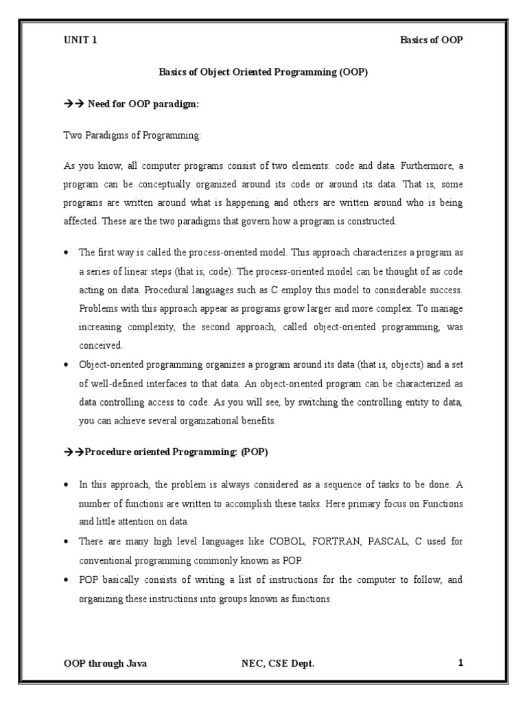 Unit 1 Basics Of Oop Basics Of Object Oriented Programming Oop Need For Oop Paradigm Pdf