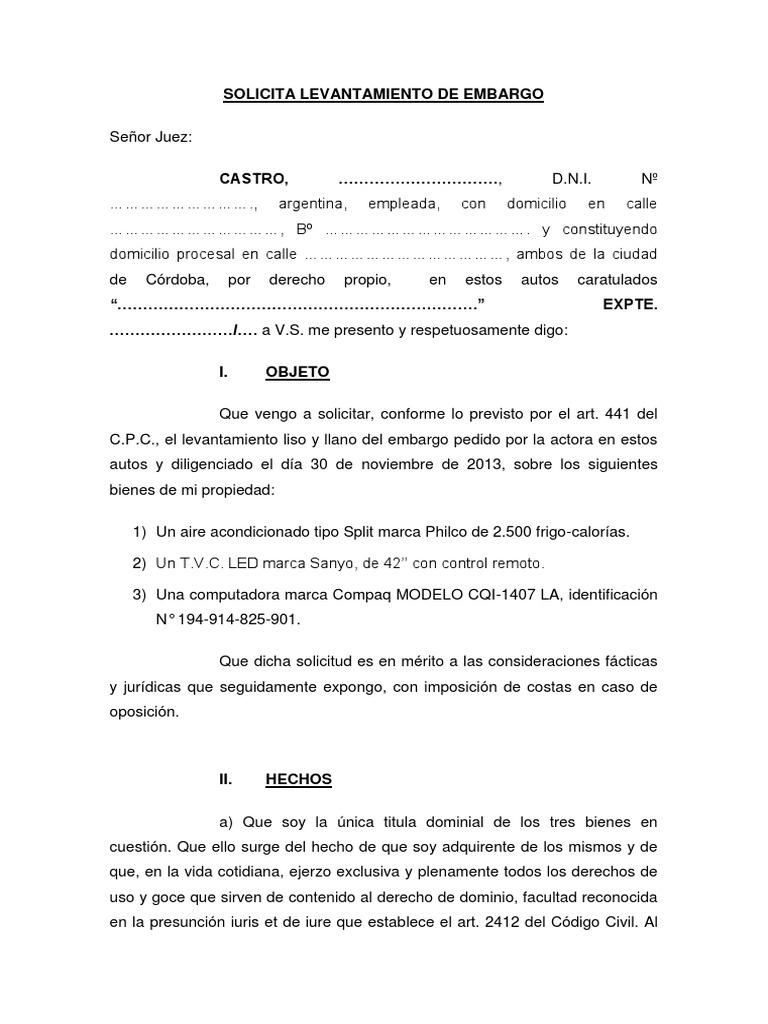 Modelo Solicita Levantamiento de Embargo | Propiedad | Justicia