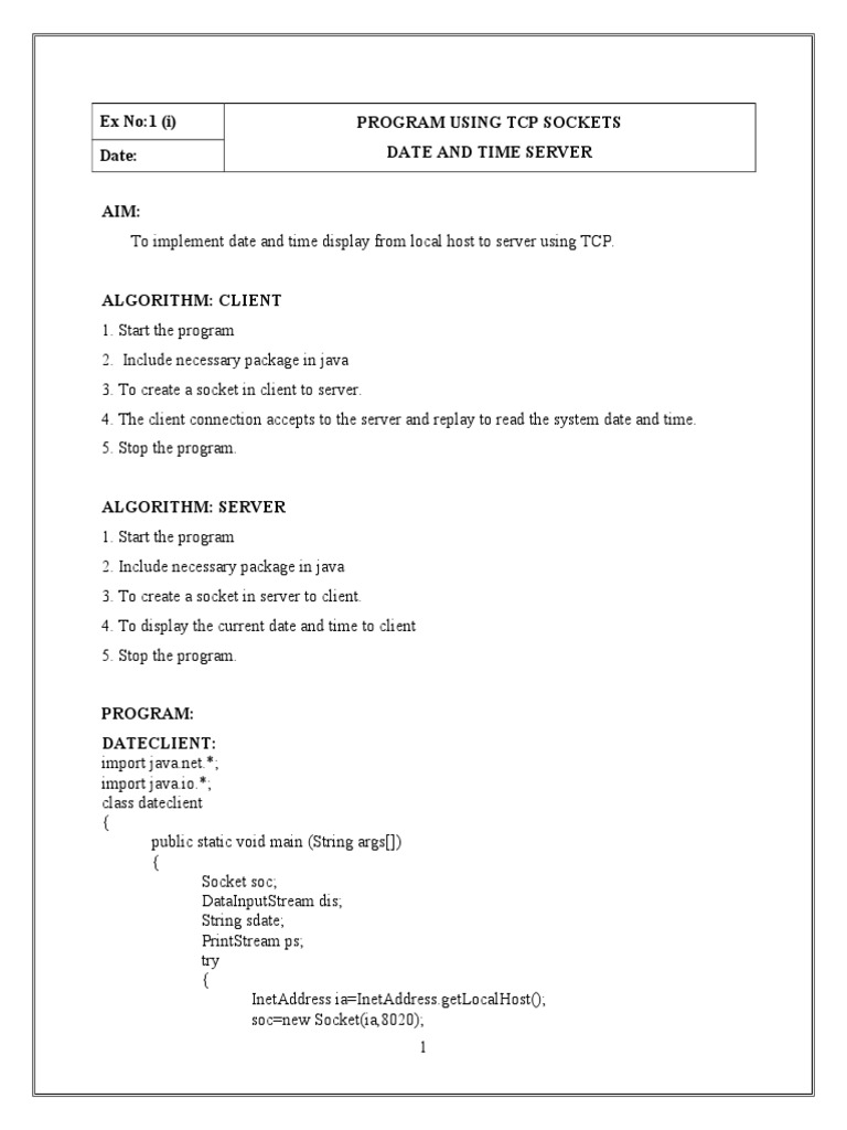 Ex No:1 (I) Program Using TCP Sockets Date and Time Server Date: Aim | PDF | Port (Computer ...