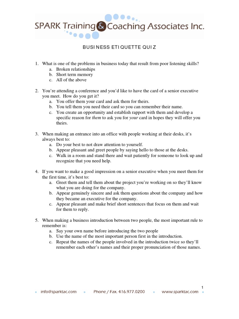 Business Etiquette Quiz | PDF | Anger