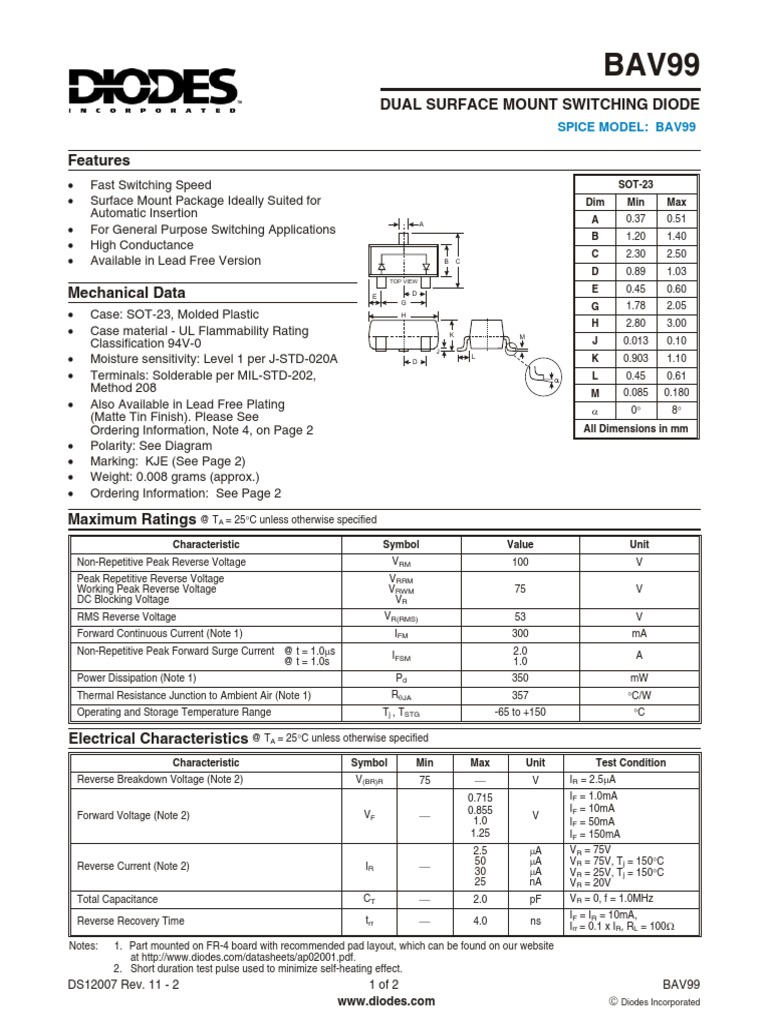 Surface Mount Dual Switching Diode Datasheet: BAV99 | PDF | Diode | Electronics