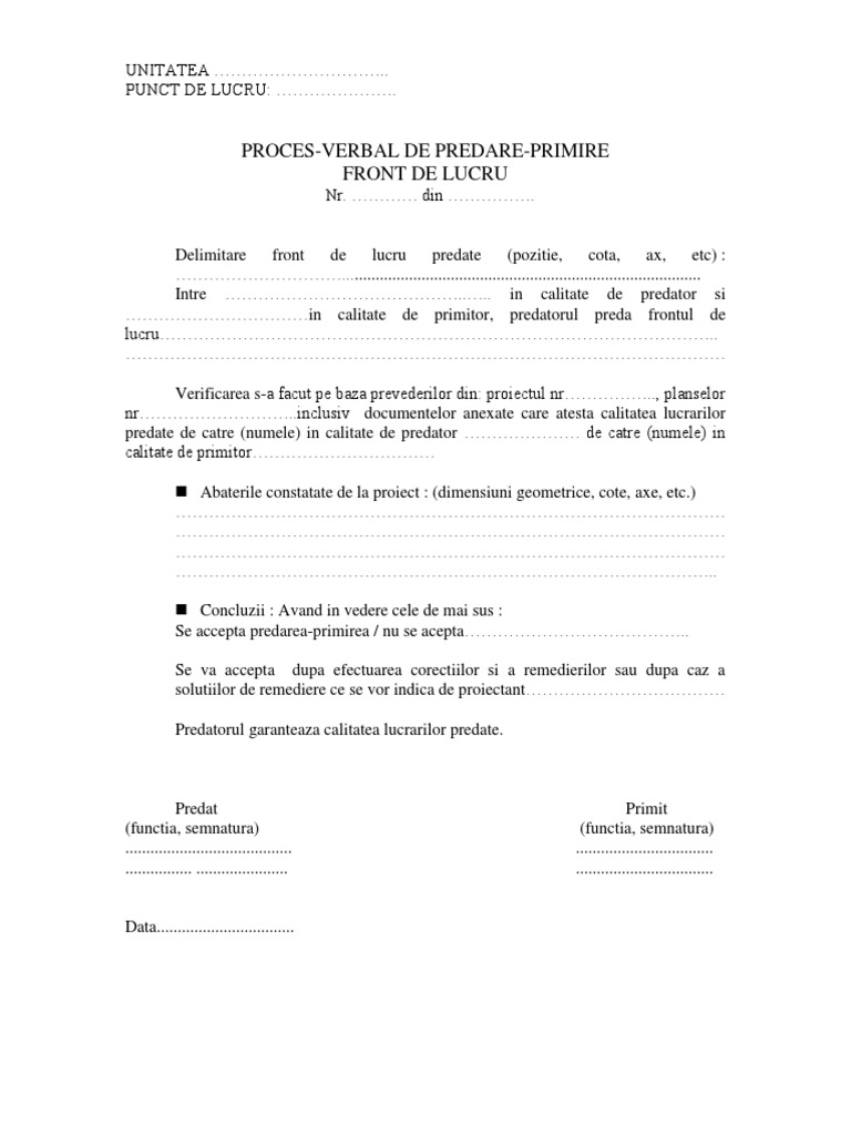 Pv Predare Primire Front de Lucru