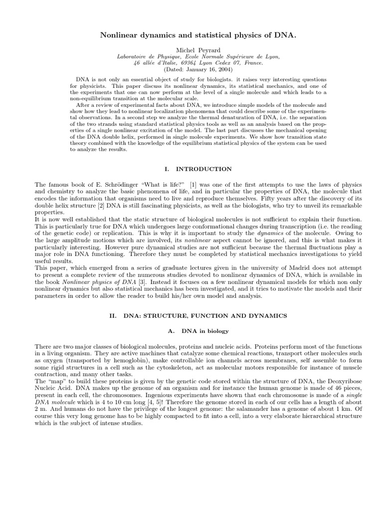 Nonlinear Dynamics and Statistical Physics of DNA | PDF | Nucleic Acid ...