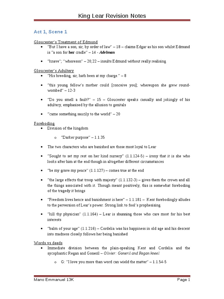 King Lear Revision Notes | PDF | King Lear