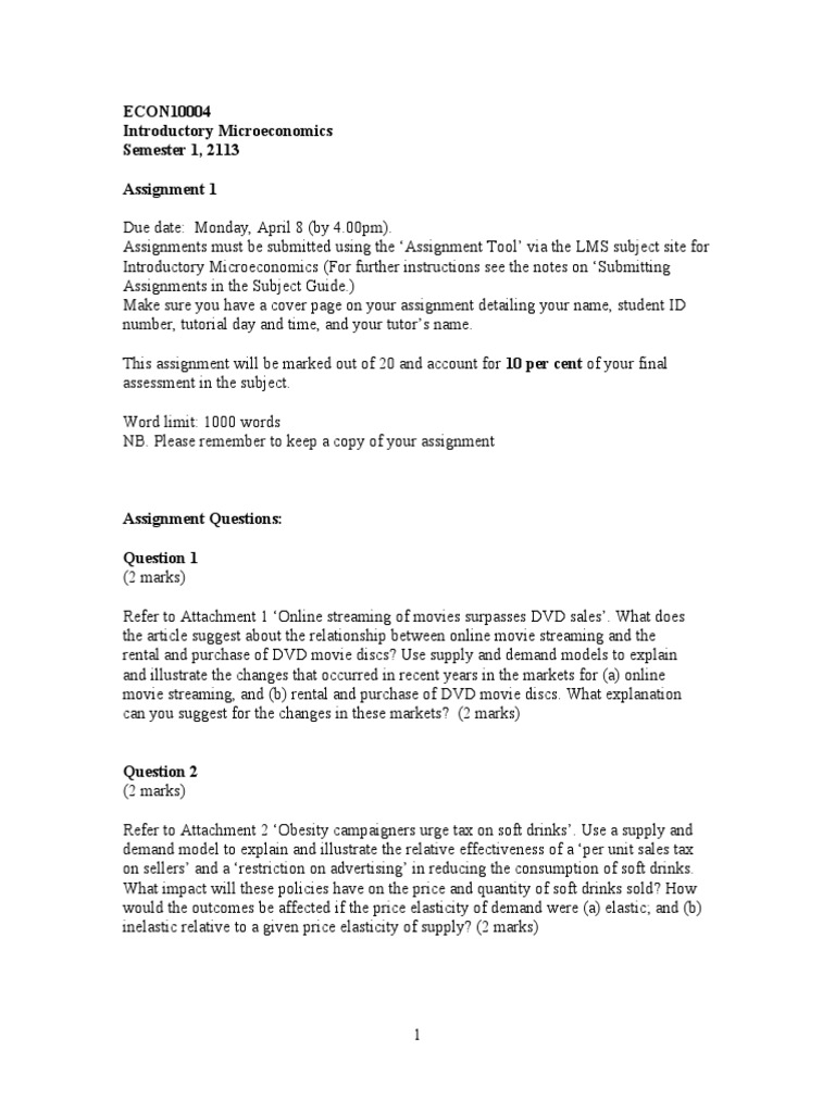 ECON10004 Introductory Microeconomics Semester 1, 2113 Assignment 1 | Download Free PDF | Economies