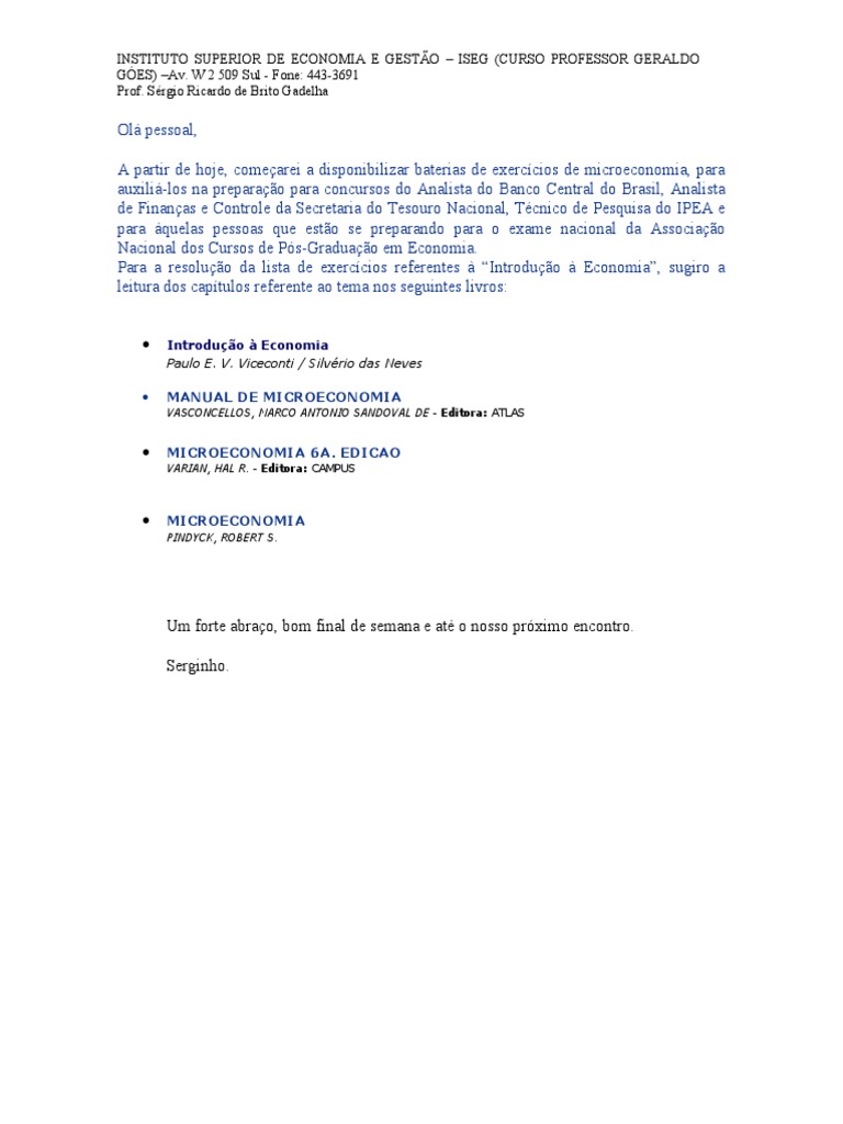 Exercicios Prof Sergio Gadelha | PDF | Demanda | Oferta e procura