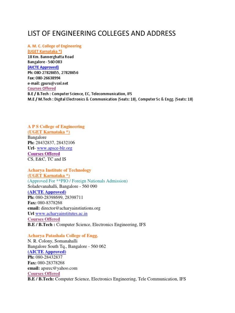 List of Engineering Colleges and Address - Bangalore | PDF
