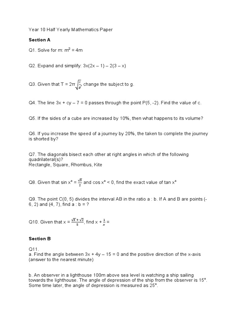 Mathematics Year 10 Half Yearly Paper | PDF | Circle | Force