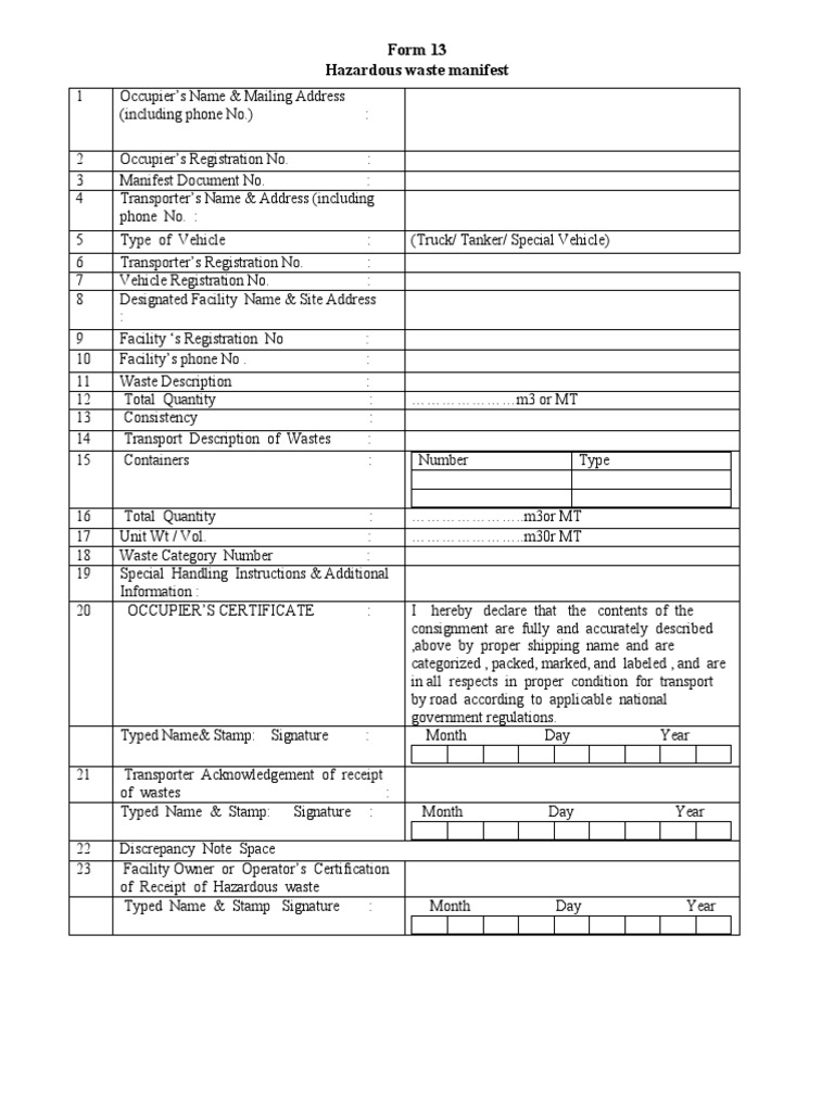 Form 13-Hazardous Waste Manifest | PDF | Transport | Business