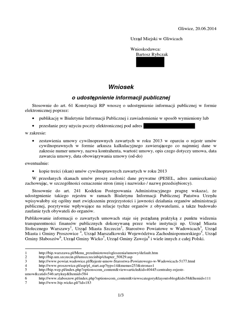 Wniosek o Udostępnienie Informacji Publicznej 20 06 2014