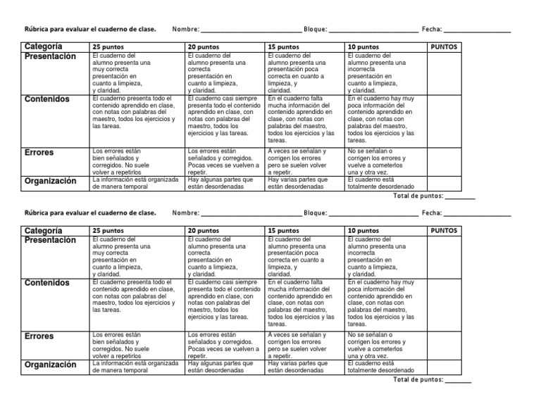 Rúbrica para Evaluar Cuaderno de Clase | PDF