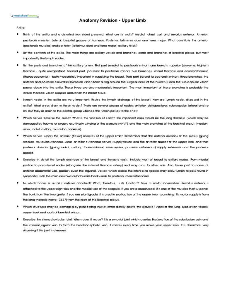 Anatomy Revision - Upper Limb | PDF | Arm | Thumb