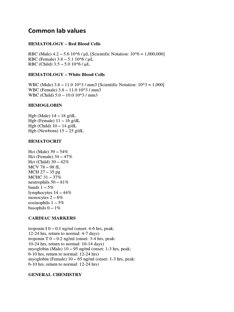 Common Lab Values: HEMATOLOGY - Red Blood Cells | Download Free PDF ...