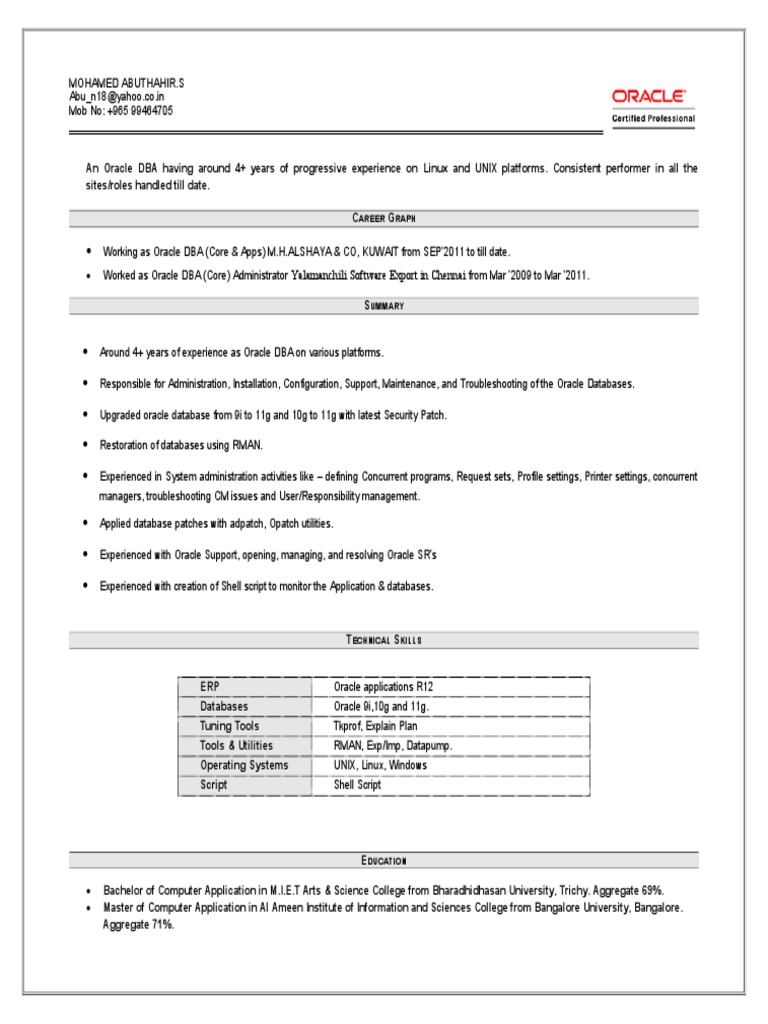 Abuthahir DBA Resume | PDF | Oracle Database | Databases