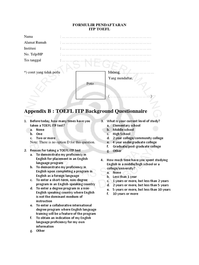Formulir Pendaftaran Itp TOEFL | PDF