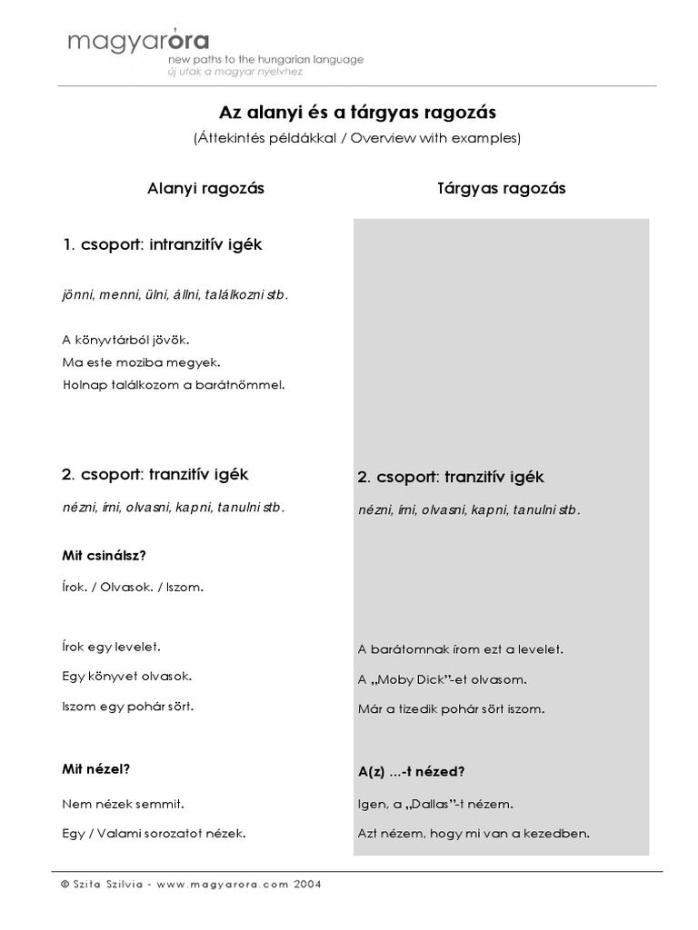 A Magyar Nyelv: Alanyi És Tárgyas Ragozás | PDF