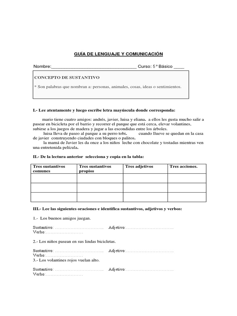 Lenguaje Guía de Pronombres, Sustantivos y Verbos | PDF | Adjetivo ...