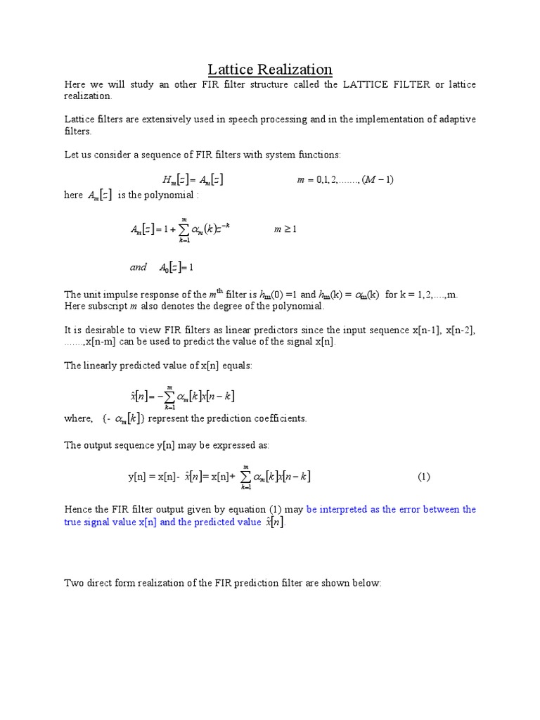 FIR Lattice Filter Realization Techniques | PDF | Filter (Signal ...