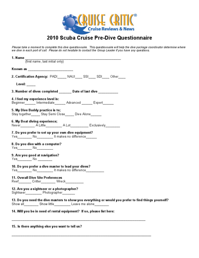 2010 Scuba Cruise Dive Questionnaire | PDF | Career & Growth