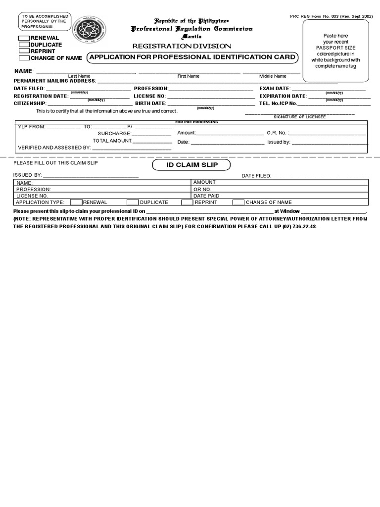 Professional Identification Card Application Form and Instructions for ...