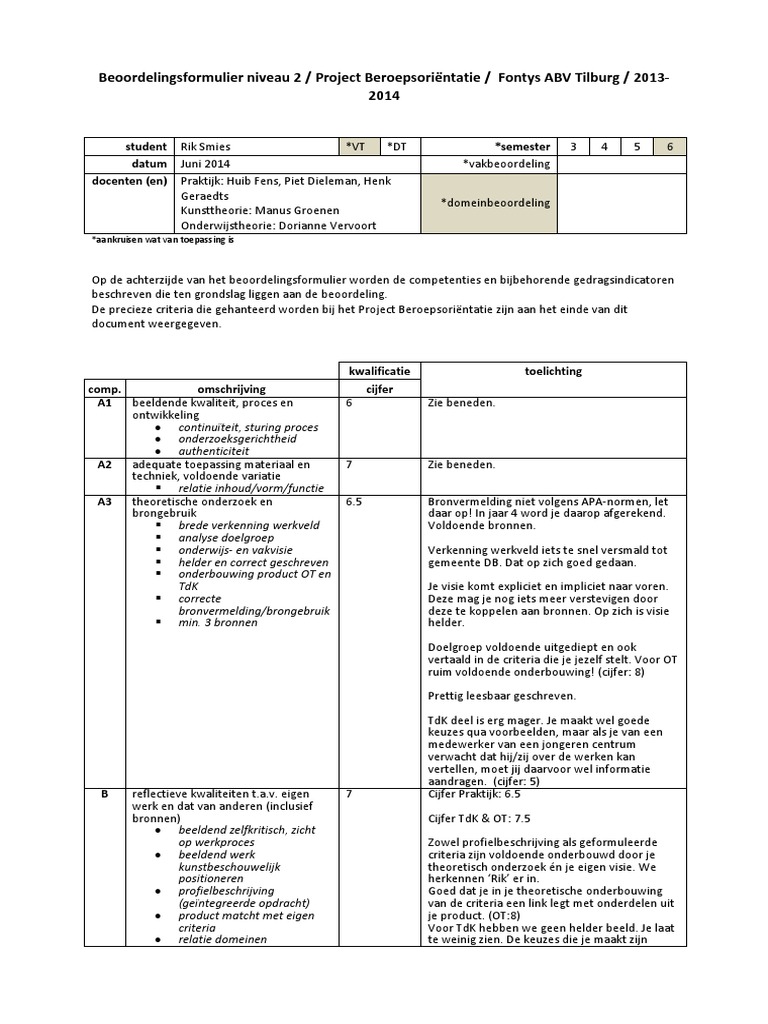 Beoordelingsformulier Project Beroepsoriëntatie Niveau 2 Rik Smies | PDF