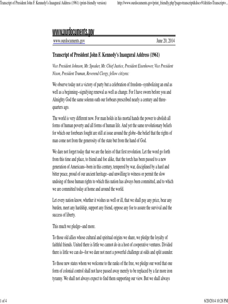 JFK's Inaugural Address (1961) | PDF | United States Presidential ...