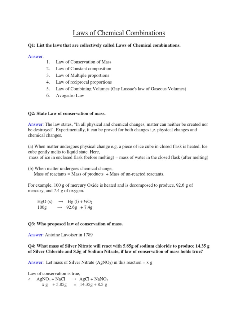 Laws of Chemical Combinations | PDF | Chemical Compounds | Gases