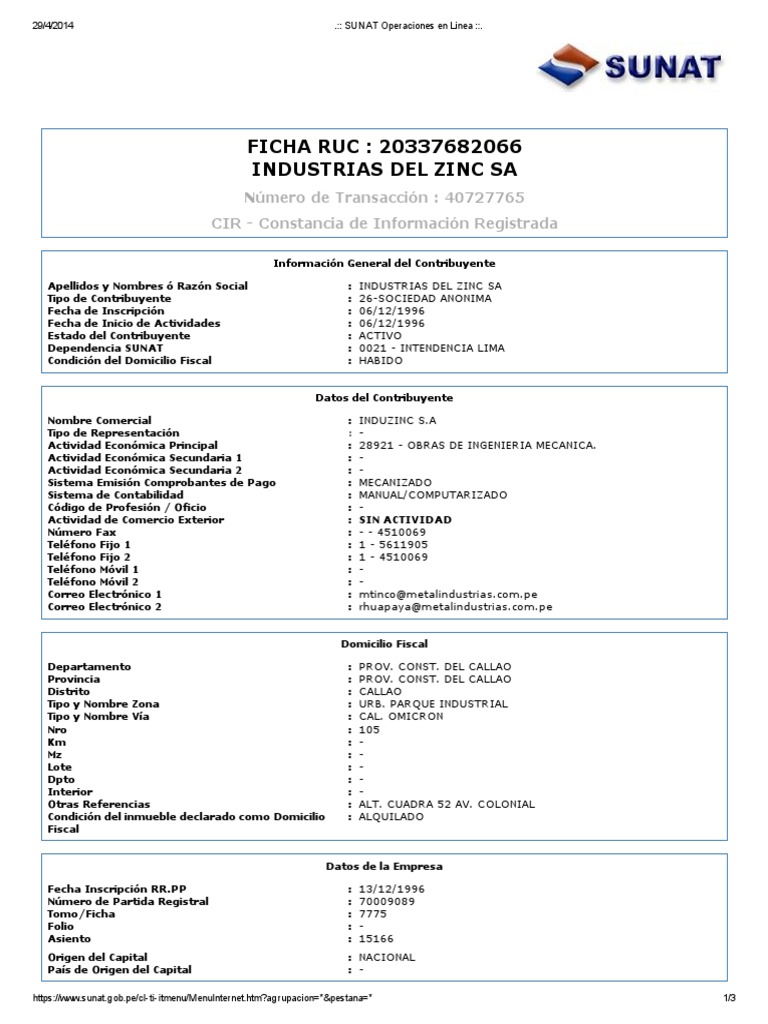 Induzinc - Ficha Ruc - Sunat Operaciones en Linea | PDF | Electrónica | Telecomunicaciones