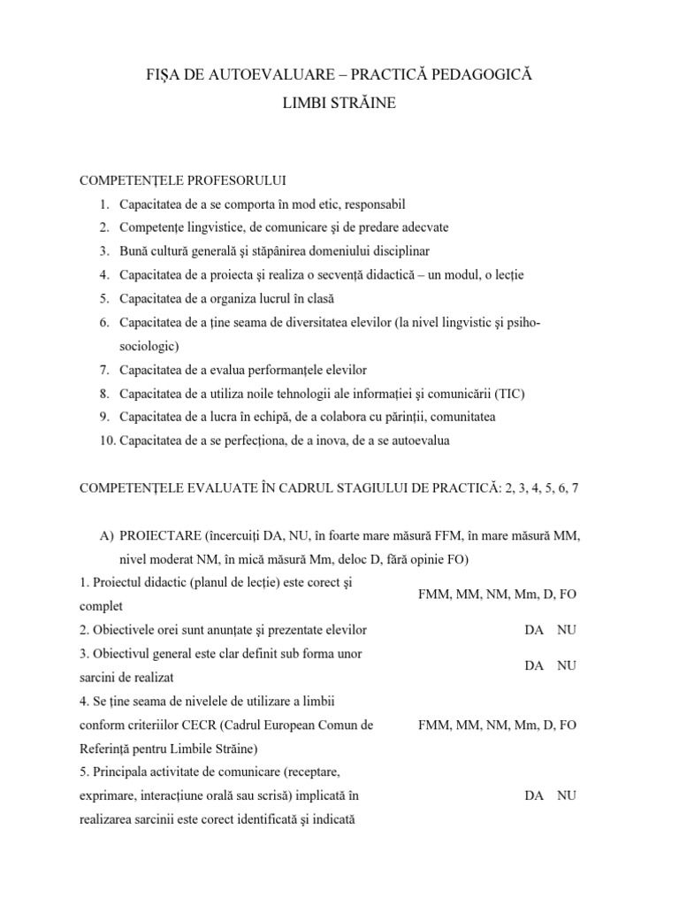 FISA DE AUTOEVALUARE PT Portofoliu Modul PDF | PDF