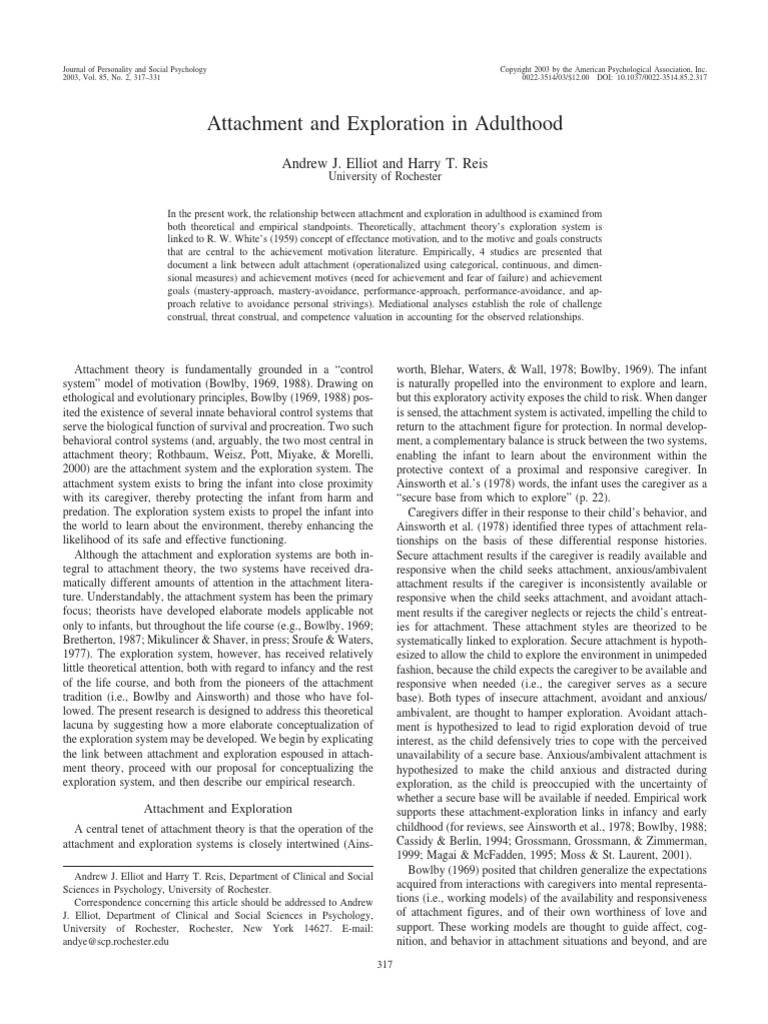 Attachment and Exploration in Adulthood: Andrew J. Elliot and Harry T ...