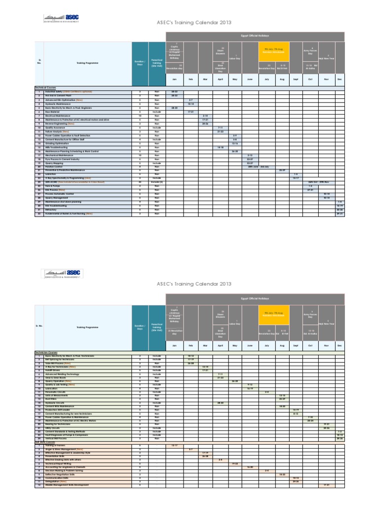 ASEC 2013 Training Calendar Overview | PDF