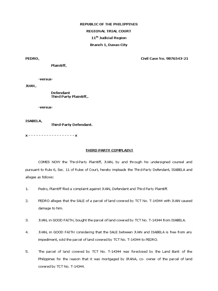 Third Party Complaint (Sample) | PDF | Complaint | Lawsuit