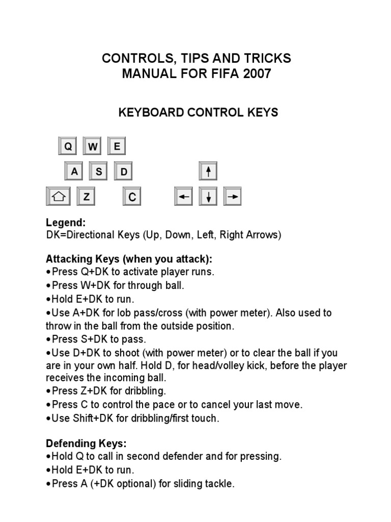 Controls, Tips and Tricks Manual For Fifa 2007: Keyboard Control Keys | PDF