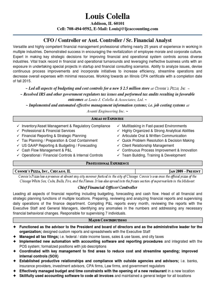 CFO Director Finance Controller in Chicago IL Resume Louis Colella ...