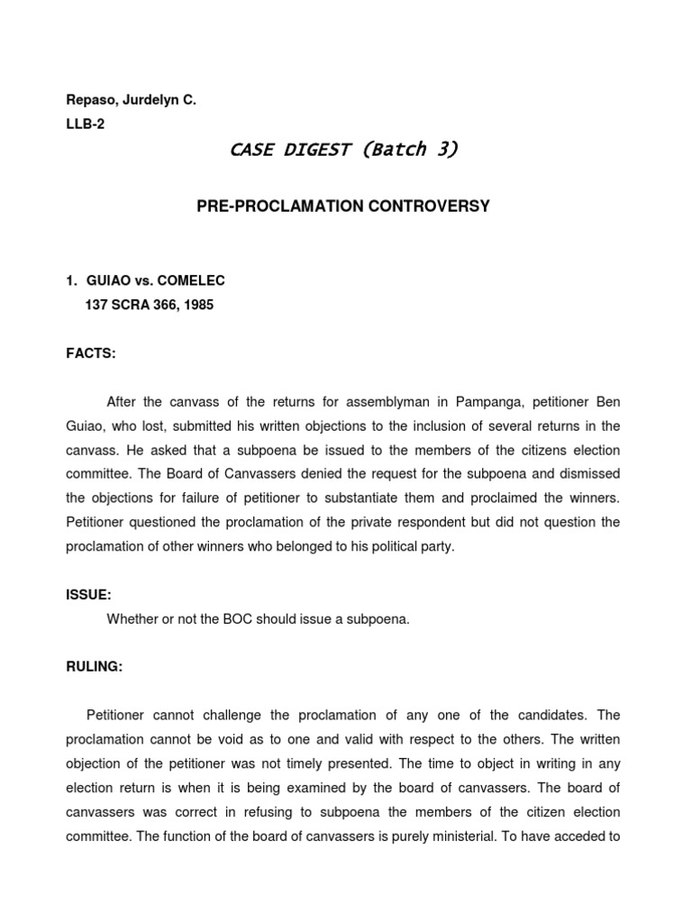Election Law Case Digest | Download Free PDF | Mandamus | Commission On Elections (Philippines)