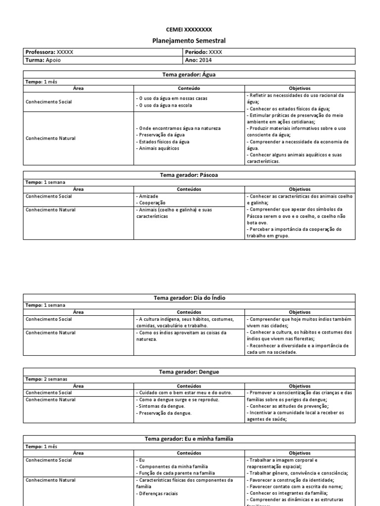 Modelo de Planejamento Semestral | PDF | Família | Tempo