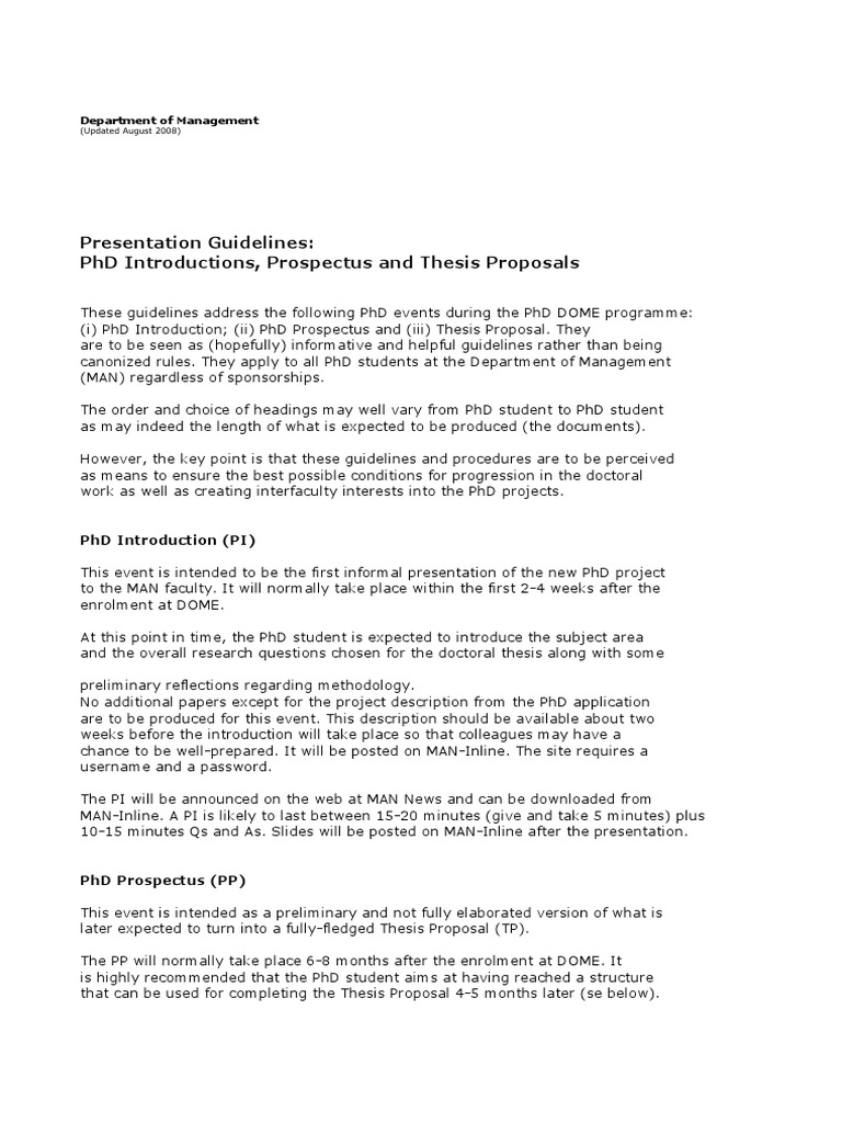Presentation Guidelines: PHD Introductions, Prospectus and Thesis Proposals | PDF | Doctor Of ...