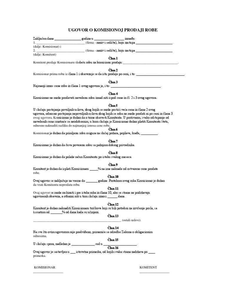 Ugovor o Komisionoj Prodaji Robe - Primer | PDF