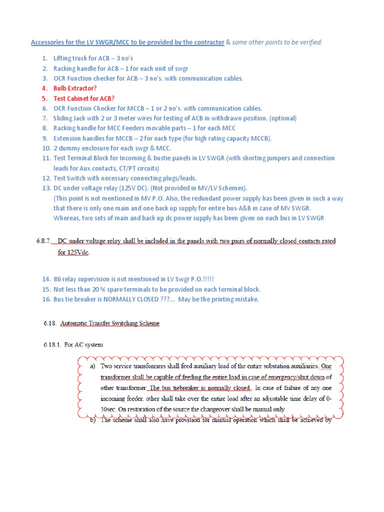 LV SWGR/MCC Accessories Checklist | PDF