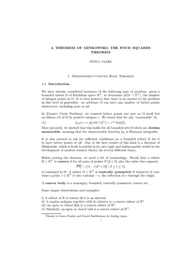 A Theorem of Minkowski The Four Squares Theorem: Pete L. Clark | PDF ...