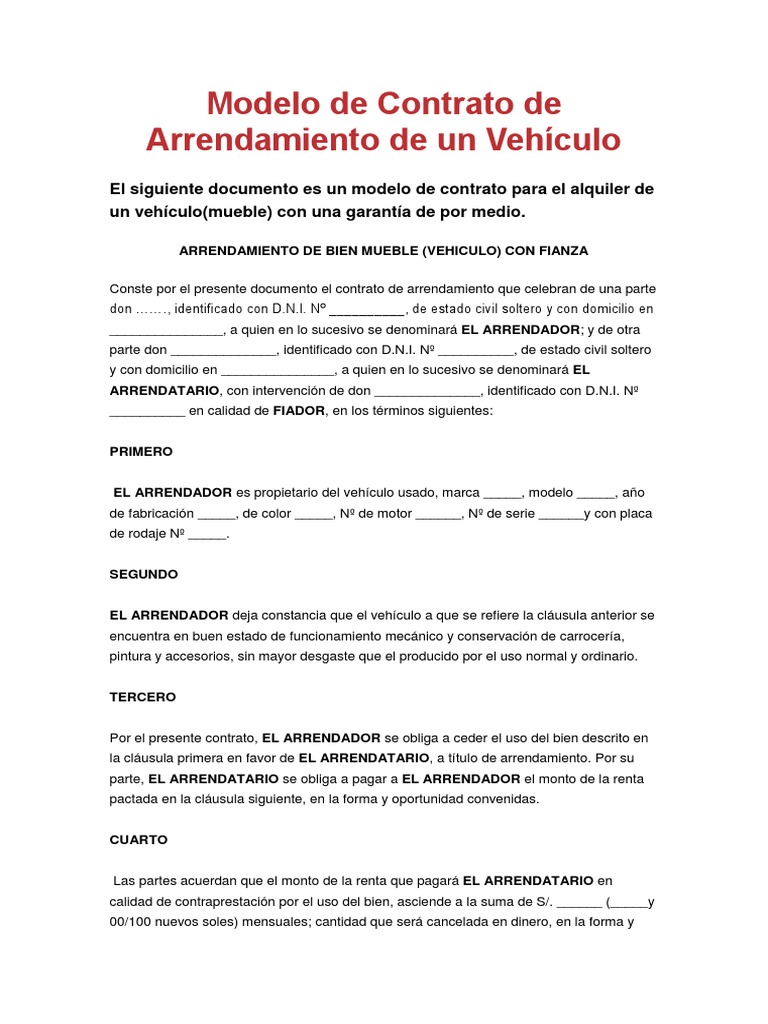 Modelo de Contrato de Arrendamiento de Un Vehículo | PDF | Alquiler ...
