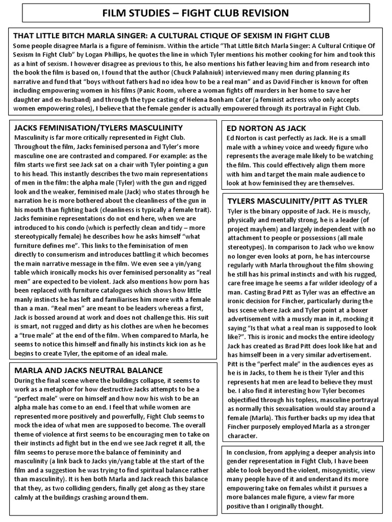 Fight Club: Critical Approach of Gender Revision Sheet | PDF | Feminism ...