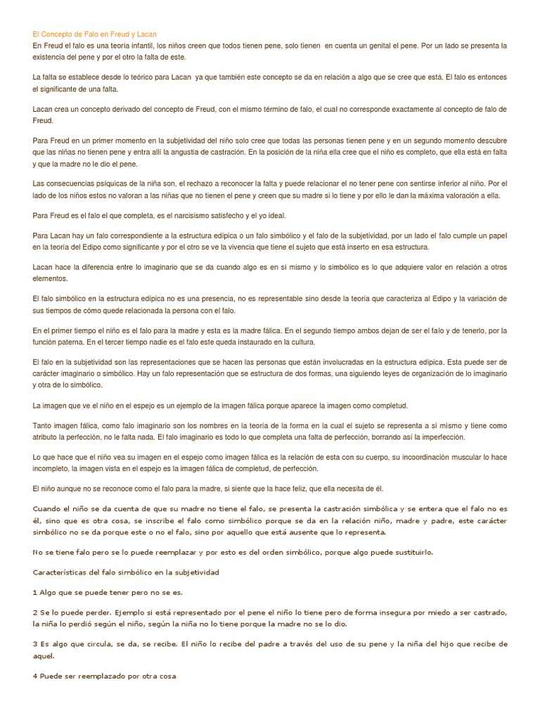 El Concepto de Falo en Freud y Lacan | PDF | Jacques Lacan | Complejo ...