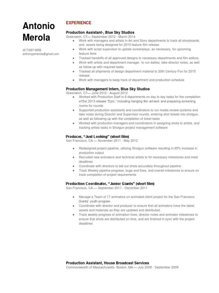Anthony P Merola Resume | PDF | Animation | Leisure